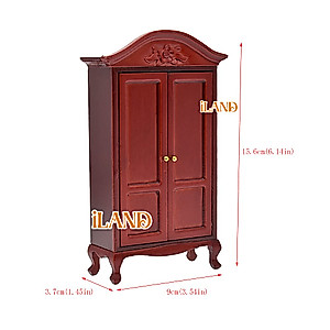 iLAND Wooden Dollhouse Furniture 1/12 Scale, Dollhouse Bedroom Furniture in Mahogany Color incl Dollhouse Bed & Dressing Table & Wardrobe (Classical Miniature Furniture 6pcs)