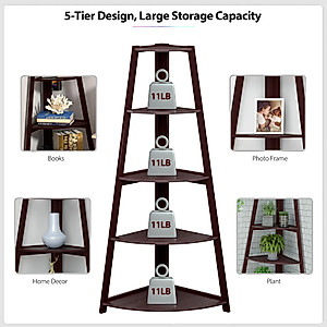 Corner Shelf, TopMade 5-Tier Corner Shelf Stand Industrial Ladder Bookcase Small Storage Rack Bookshelf Float Corner Shelves Wood Furniture Plant Stand for Living Room Kitchen Home Office-Rustic Brown