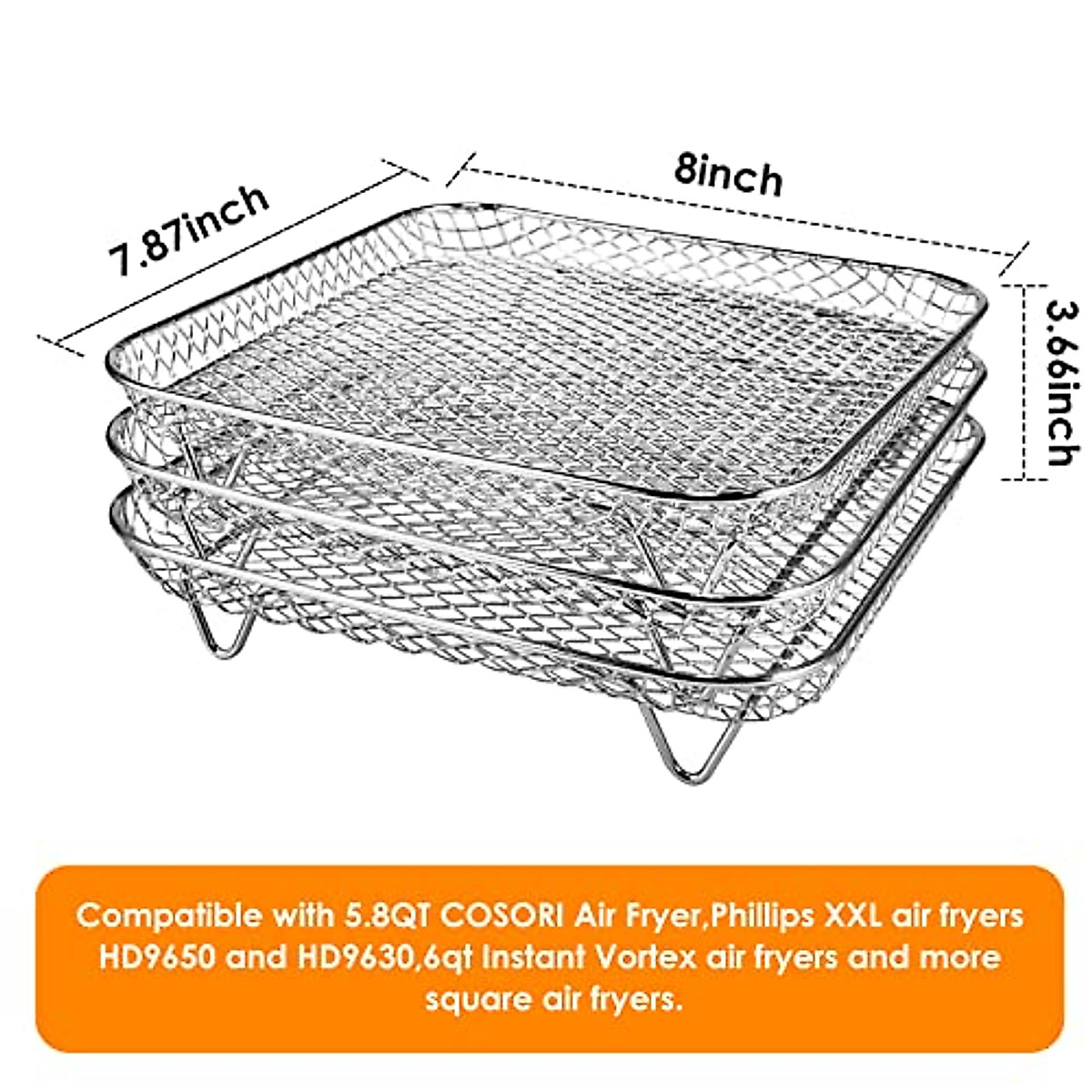 kydely Air Fryer Rack compatible with Instant Vortex,Philips,COSORI Air Fryer,8‘’ Square Three Stackable Racks,Stainless Steel Multi-Layer Dehydrator Rack Fit all 4.2QT-5.8QT Air fryer Accessories