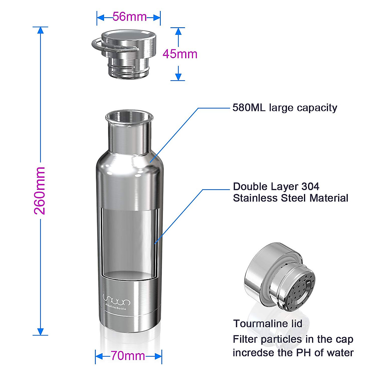 20oz Stainless Steel Water Bottle,Sports Water Bottle,Water Filter Bottle Make Alkaline Ionized Water,Excellent Taste, Double Wall Vacuum Insulated Cold,for outdoor sport,travel(sliver)