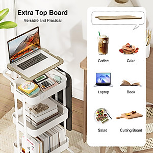 DTK 3 Tier Metal Utility Rolling Cart with Table Top and Side Bags, Metal Tray Storage Organizer Cart with Wheels, Art Craft Cart with 4 Hooks for Kitchen Bathroom Office Living Room (White)