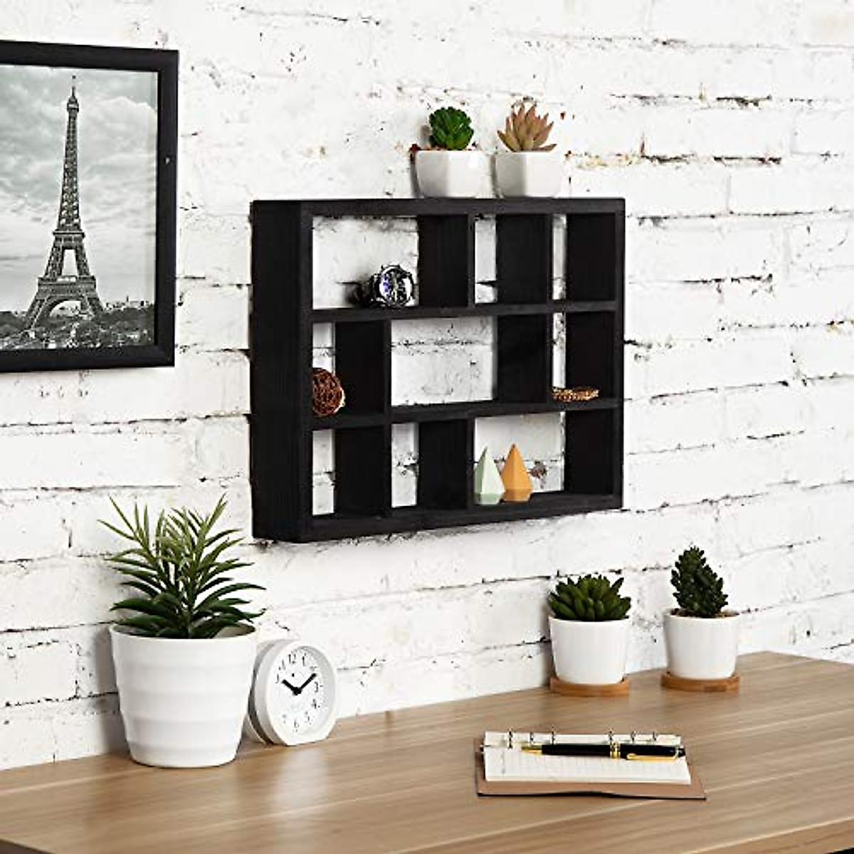 MyGift 15-Inch Wall-Mounted (Vertical or Horizontal) 9-Slot Rustic Wood Floating Shelves/Freestanding Shadow Box, Black
