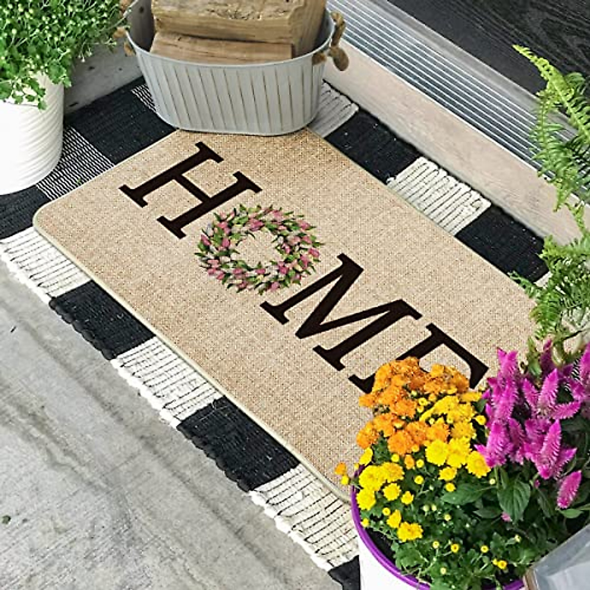 Artoid Mode Home Tulips Lily Wreath Decorative Doormat, Seasonal Spring Holiday Low-Profile Floor Mat Switch Mat for Indoor Outdoor 17 x 29 Inch