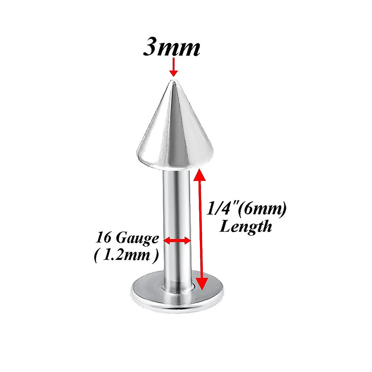 bodyjewellery 6pcs 16g Labret Lip Stud Monroe Cartilage Tragus Helix Earring Snake Bites Conch Medusa Spider Bites Piercing Spike - 6mm