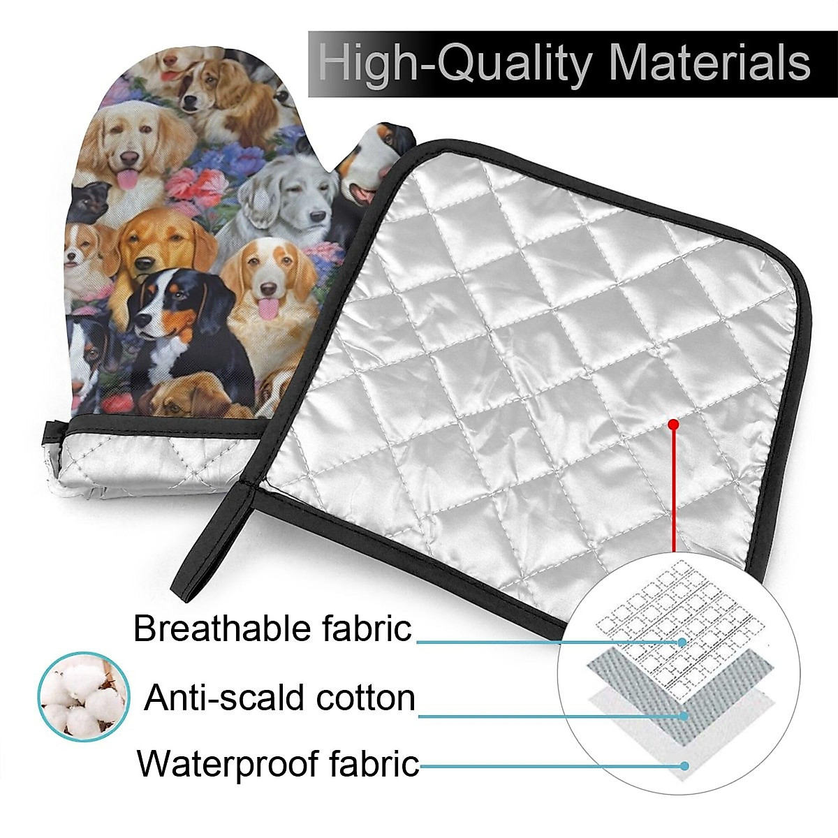 Dujiea Home Kitchen Oven Mitts and Potholders Set, Dogs Garden Puppies Heat Resistant Waterproof Non Slip BBQ Gloves Hot Pad Set for Baking Cooking Grilling