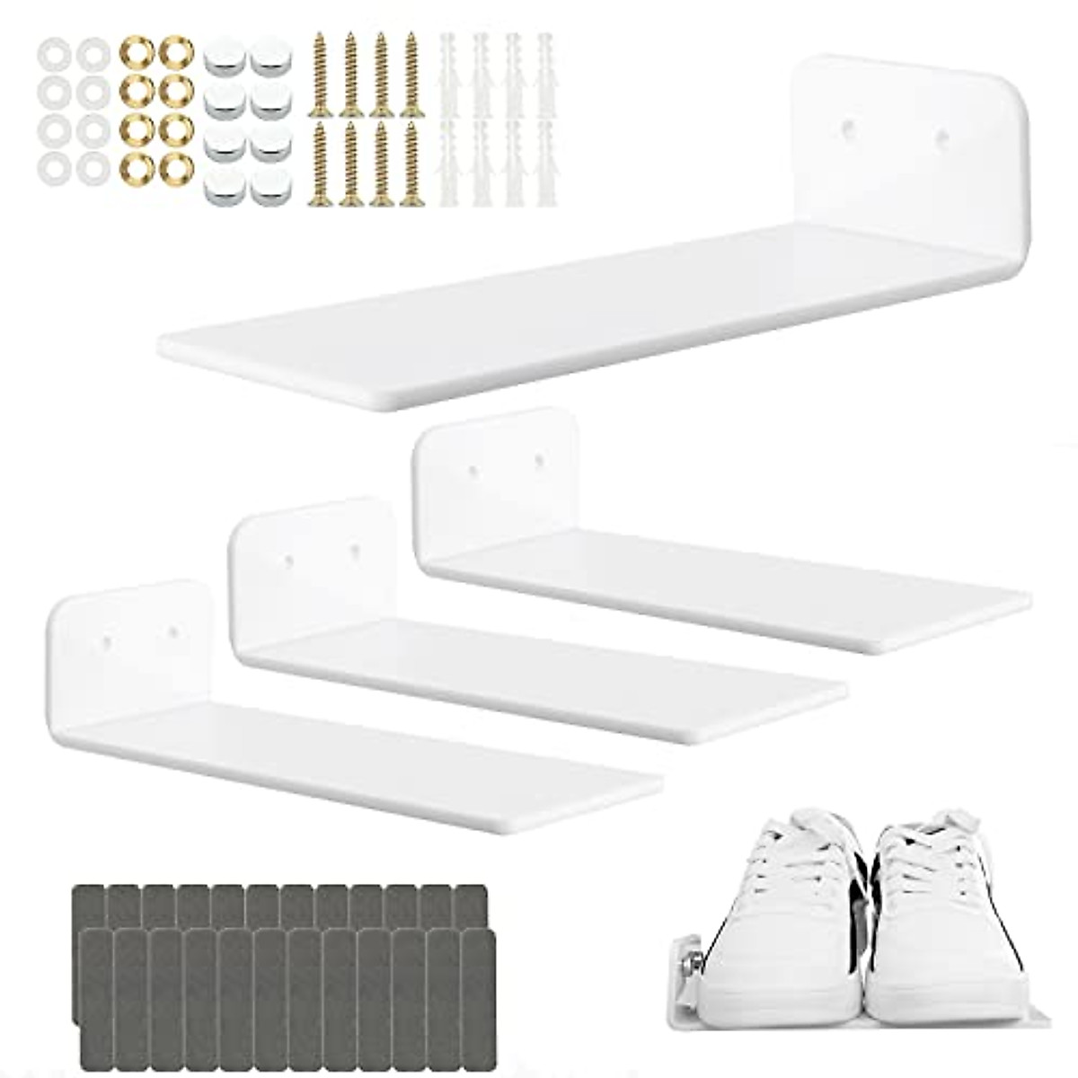 Cosmos 4 Pcs Acrylic Shoe Display Shelf Floating Shoe Shelves- Wall Mount Sneaker Shelves with Velvet Tape for Displaying Showcase Shoes and Sneaker Collection Shoes Box (Solid White)