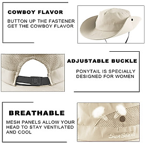 Womens Sun Hats Wide Brim Ponytail Hats Summer Beach Hat for Women Foldable Travel Safari Hats UPF50+(Size:M-L) (58cm/22.83inch,Beige)