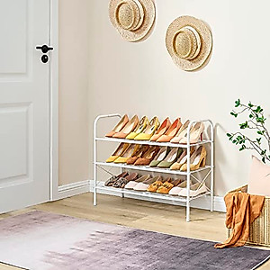 Tajsoon 3-Tier Stackable Shoe Rack Organizer, Adjustable & Expandable Shoe Storage Shelf for Entryway, Metal Wire Grid with X Shape Fixed Frame, White