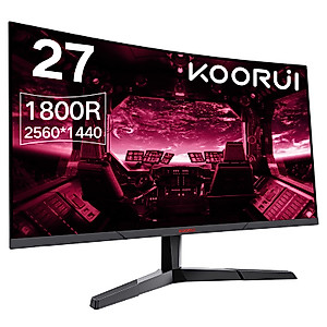 KOORUI 27" WQHD 2560x1440 Curved Gaming Monitor, 144Hz Refresh 1800R Computer Monitor, 1ms with AdaptiveSync Monitor, Low Blue Light, Eye Care, DP1.2+HDMI*2, VESA Compatible - Black