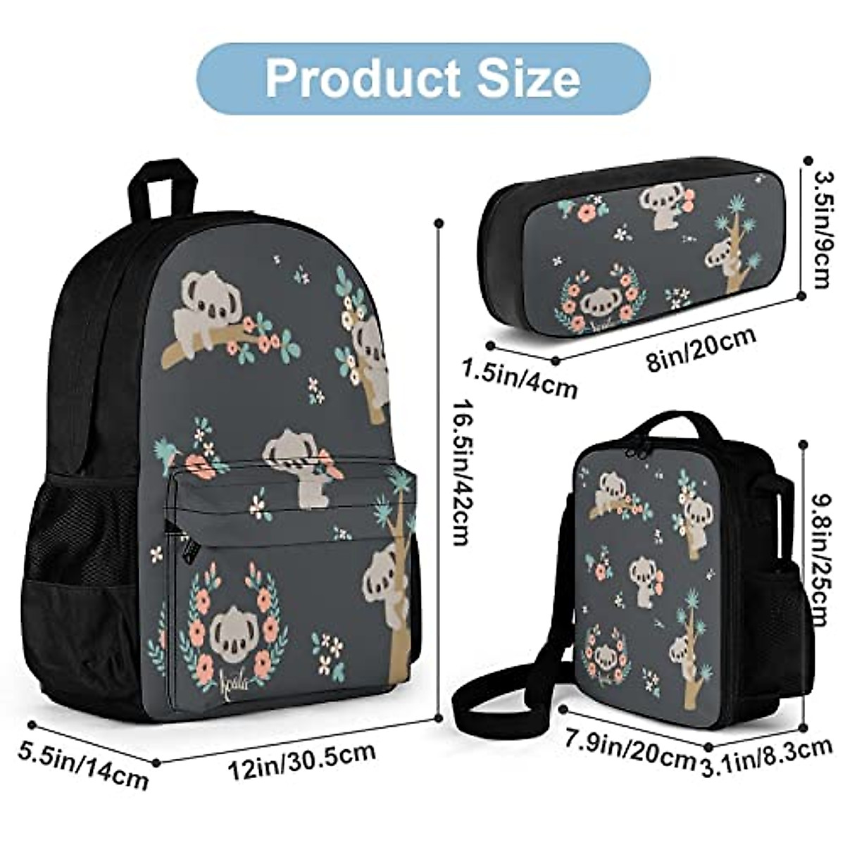 Dujiea Cute Koala Kids Backpack Set 3 Piece Student Back To School Book Bag with Shouder Bag Pencil Case for Boys Girls 1-6th Grade