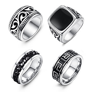 Jstyle 4Pcs Stainless Steel Signet Biker Rings Set Cuban Chain Spinner Ring Vintage Celtic Knot Band Rings Beveled Polished Edge Comfort Fit 9