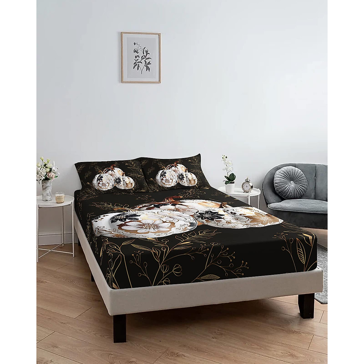 Bedding Full Size Fitted Sheets Fit 5"-16" Deep Pocket Mattress,Flower Sketch Oil Painting Pumpkin Soft Bottom Sheet Autumn Gold Leaves on Black Fitted Sheet Bed Set with Pillow Case