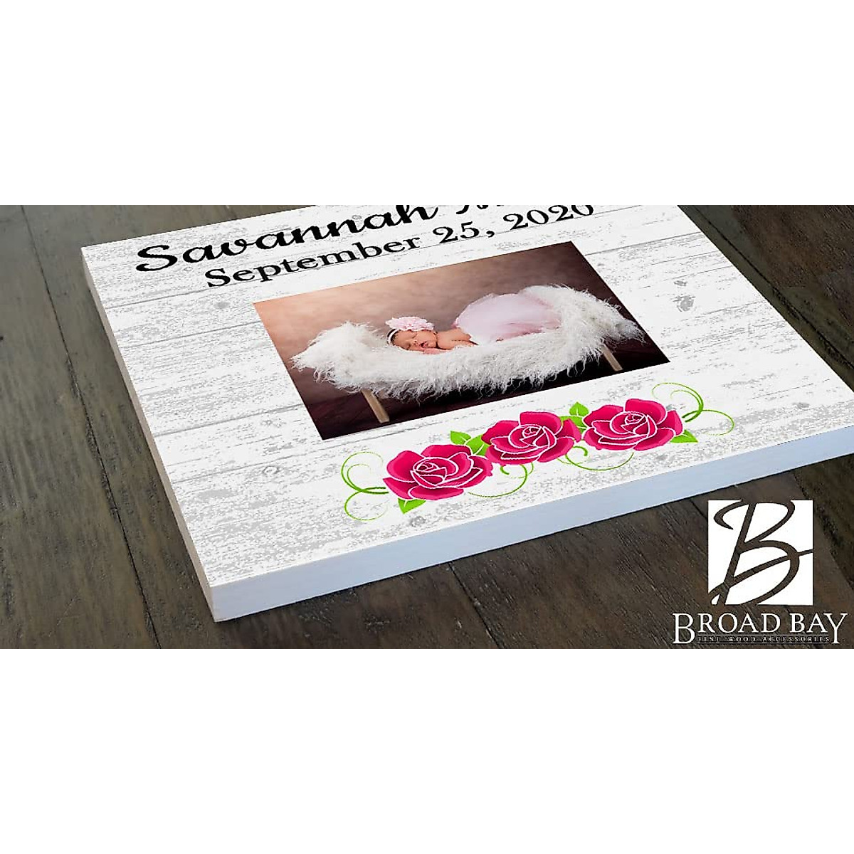 New Baby Frame Alternative - Personalized Baby Girl Birth Gift - Upload Picture or Photo - with Customized Name and Birthday Flowers