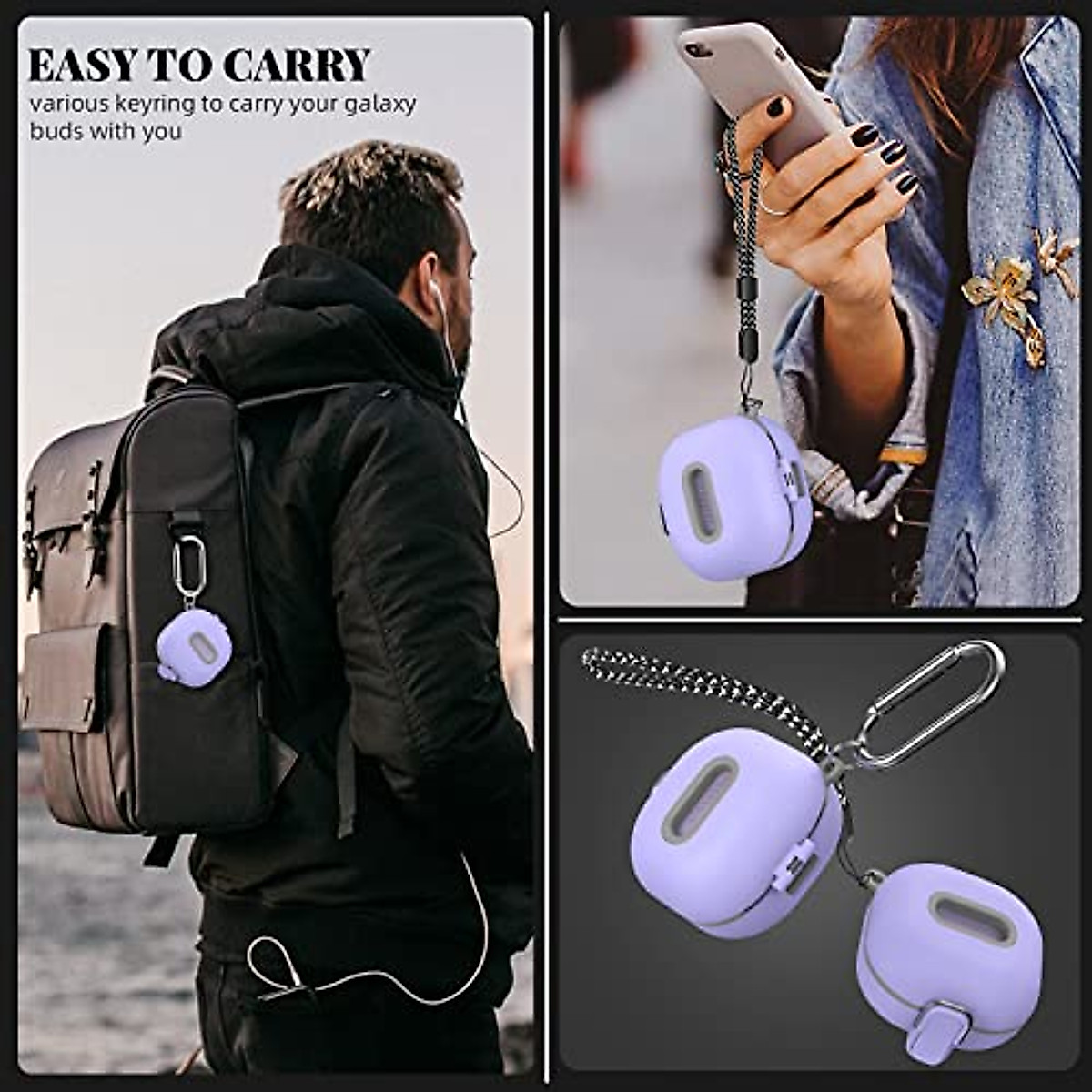 Secure Lock Case for Samsung Galaxy Buds 2 Pro/Galaxy Buds 2/Galaxy Buds Pro/Galaxy Buds Live, WOFRO Shock-Absorbing Protective Cover TPU Hard Shell with Lanyard and Keychain[One-Click pop] (Purple)