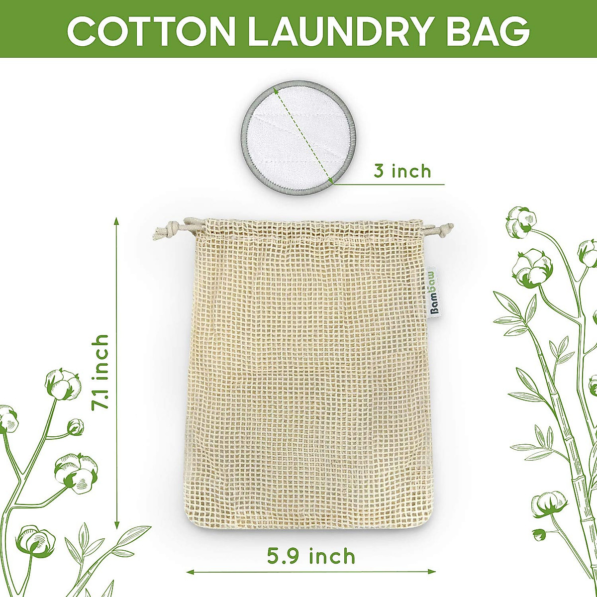 Bambaw Reusable Makeup Remover Pads | 16 Cotton Rounds with Laundry Bag | Reusable Cotton Pads for Face | Eye Makeup Remover Pads | Cotton Rounds for Face | Reusable Cotton Rounds | Cotton Pads