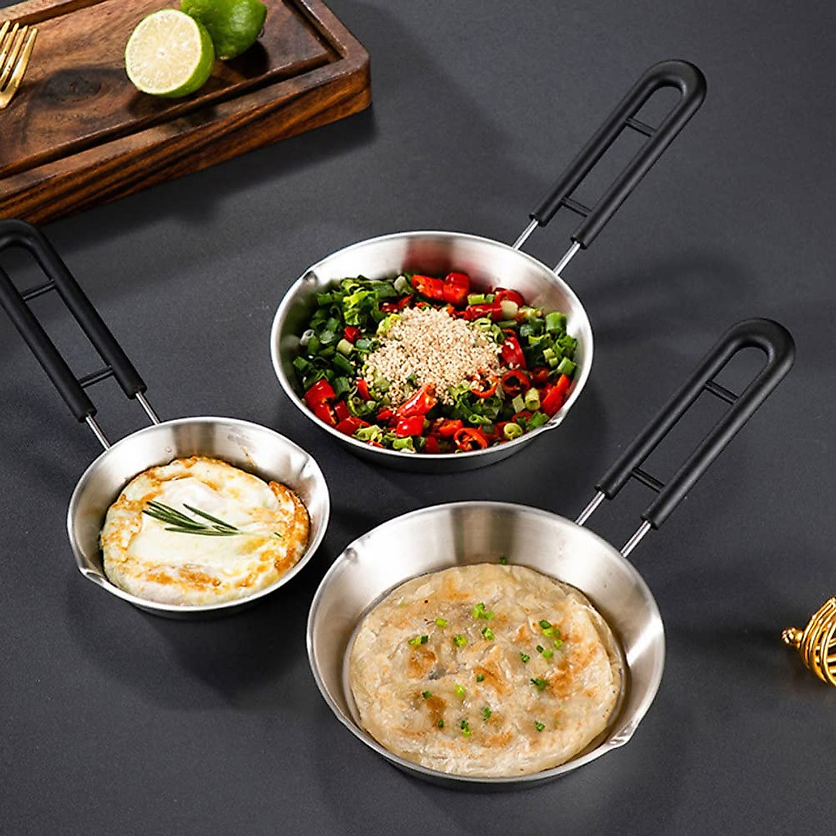 BESTonZON Mini Fry Pan Stainless Steel Small Frying Pan Egg Pan Cooking Skillet Cookware with Drip Spouts for Egg Scrambles Appetizers Desserts 12cm