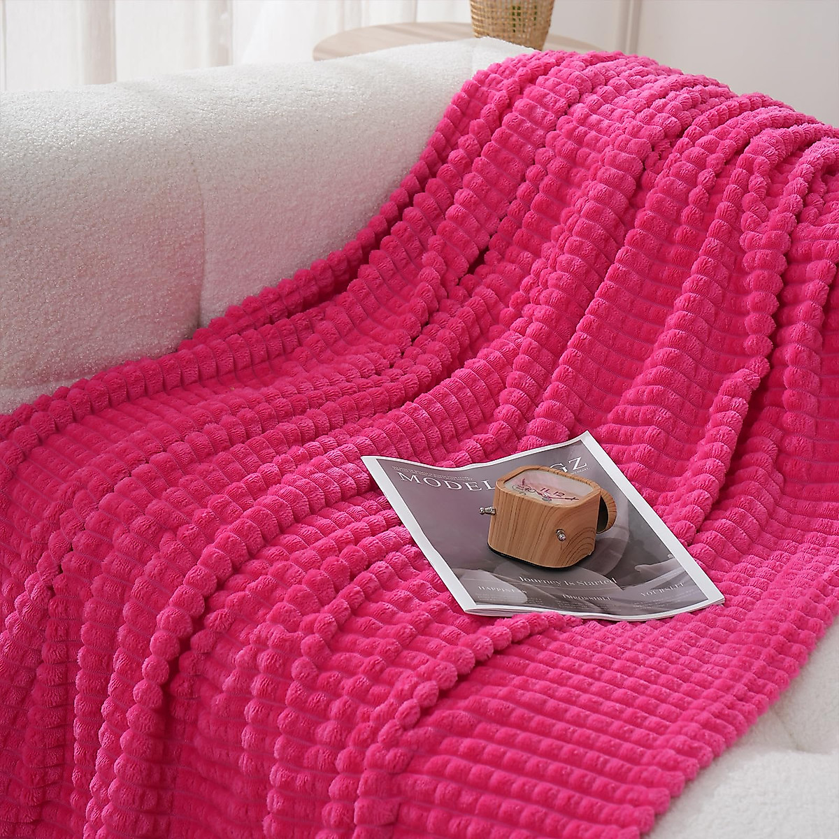 Puncuntex Flannel Fleece Throw Blanket Hot Pink 50"×60",Super Soft Plush Cozy Blanket with 3D Jacquard Square Grid Design Luxury for Couch Sofa Chair