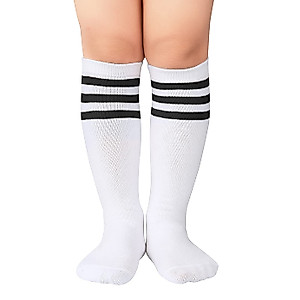 Zando Kids Child Cotton Three Stripes Sport Soccer Team Socks Uniform Tube Cute Knee High Stocking for Boys Girls 1 Pairs White Black One Size