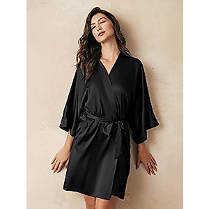 AW BRIDAL Women's Black Silk Robe, Short Satin Kimono Robe Bridal Party Robes for Brides Bridesmaids, Black S