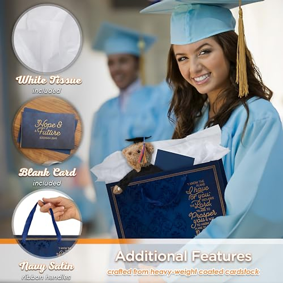 Christian Art Gifts Decorative Landscape Gift Bag w/Card & Tissue Paper Set for Men, Women & Grads: I Know the Plans - Jeremiah 29:11 Inspirational Bible Verse for Graduations, Navy Blue w/Gold, Large