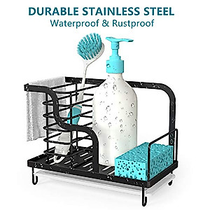 Kitchen Sink Caddy Sponge Holder 304 Stainless Steel Sink Caddy with Drip Tray for Sponge, Brushes, Soap, Dish Rag, Black