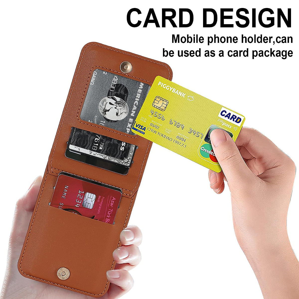 XIMAND for Samsung Galaxy Z Flip 5 Luxury Zipper Wallet Phone Case, Multi-Function Kickstand Card Holder Adjustable Crossbody Strap, Fashion Flip Case.(Brown)