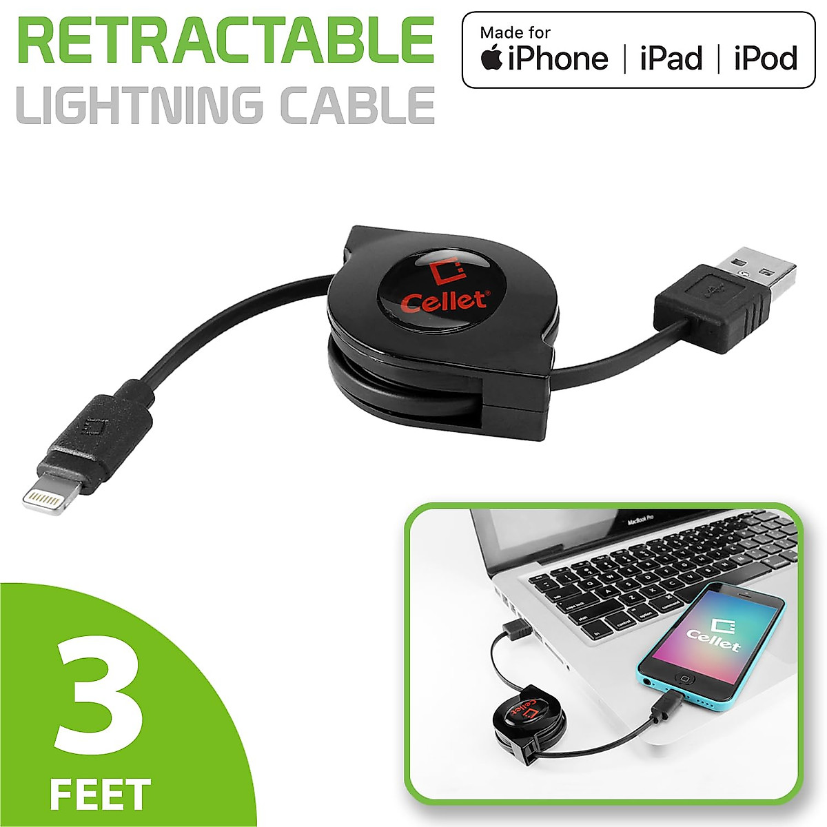 Retractable Lightning iPhone Cable, Charging Cord Compatible with Apple iPhone 14 Pro Max Plus Mini 13 12 11 Xs Xr X SE 8 7 6 5 iPad Pro Air Mini 6 iPod Touch, Nano (MFI Certified) (Lighting Black)