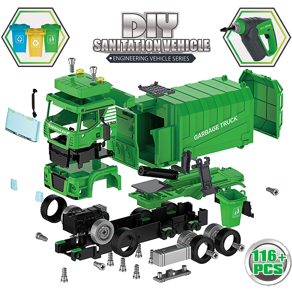 Garbage Truck Toy - 116 Pcs Friction Power Take Apart Toy STEM Toys w/Drill, Push & Go Lights & Sounds, Sanitation Trash Trucks City Vehicle Playset for Kids Toddlers Boys Ages 3 4 5 6 7 8 Years Old