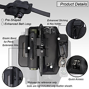 Topstache Multitool Sheath for Belt - EDC Belt Organizer - Leather Multitool Holster with Flashlight Holder, Elastic Band Pen Holder and Keychain Clip - Multitool Holder - Multitool Pouch, Black