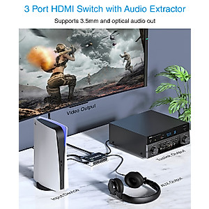 Kinivo HDMI Switch with Audio Extractor 360BNT (3 in one out, Toslink Optical Audio Port, SPDIF, 4K 60Hz, High Speed 18Gbps, IR Remote) - Compatible with Roku, PS5, Xbox, Apple TV, Dolby Digital/Atmos