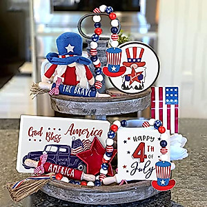 Patriotic Decorations, 5Pcs 4th of July Tiered Tray Decor, Farmhouse 3 Independence Day Decor Wood Signs, Gnome Plush and Bead Garland, Truck Full of Memorial Day Decor for Home Table Kitchen Office