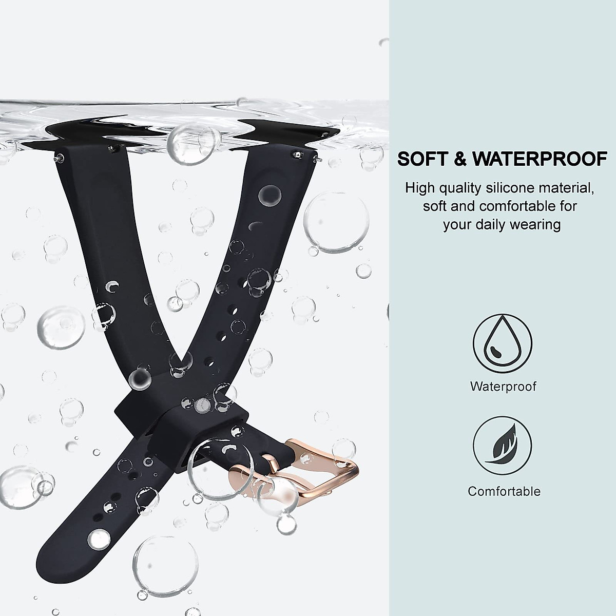 ANNEFIT Watch Band, Silicone Quick Release Soft Rubber Replacement Watch Strap 18mm with Rose Gold Buckle (Black)