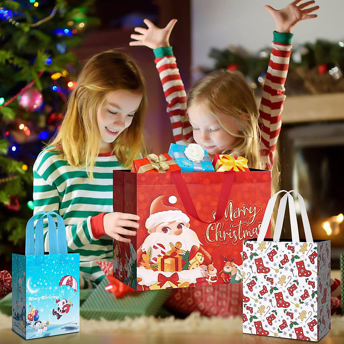 24 Pack Christmas Gift Bags Assorted Sizes with Handle, Reusable Tote Gift Bags Includes 4 Extra Large, 8 Large, 8 Medium, 4 Small, Non-Woven Christmas Bags for Gifts Xmas Party Holiday Favors