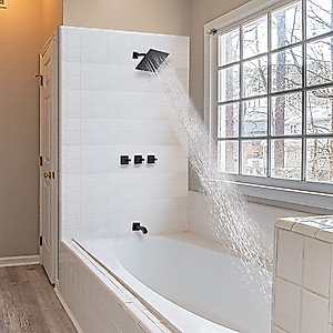 Matte Black 3-Handle Tub and Shower Faucet Set, Bathroom Bathtub Rainfall Shower Head with Waterfall Tub Spout,Tub and Shower Trim Kit with Valve