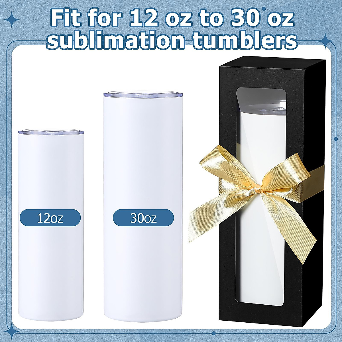 Honoson 24 Pcs Gift Boxes for Sublimation Tumblers Transparent Gift Box with Ribbon for 12oz, 20oz, 30oz Heat Press Sublimation Blanks Skinny Cup for Shipping Gift Wrapping (Black)