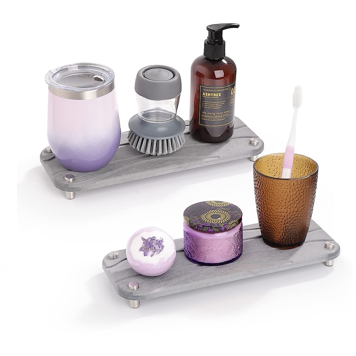 2 Pack Instant Dry Sink Organizer for Bathroom & Kitchen,Spaceaid，Diatomaceous Pedestal Stand Riser with Stainless Steel Feet Protection, counter caddy(Grey)