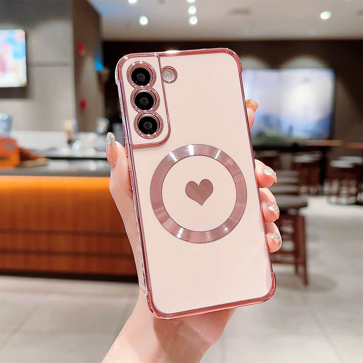 JFWEN Magnetic Phone Case for Samsung Galaxy S22 Plus Case Compatible with MagSafe Cute Love Heart Shockproof Full Camera Lens Protection Soft Back Cover for Galaxy S22 Plus 5G 6.6''-Pink