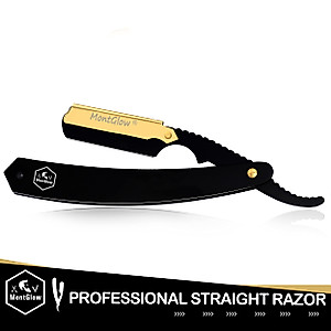 Professional Matte Black Barber Straight Razor with 10 Premium Quality Straight Edge Razor Shark Blades, For Smooth Shave and Lining Up Your Beard (Black)