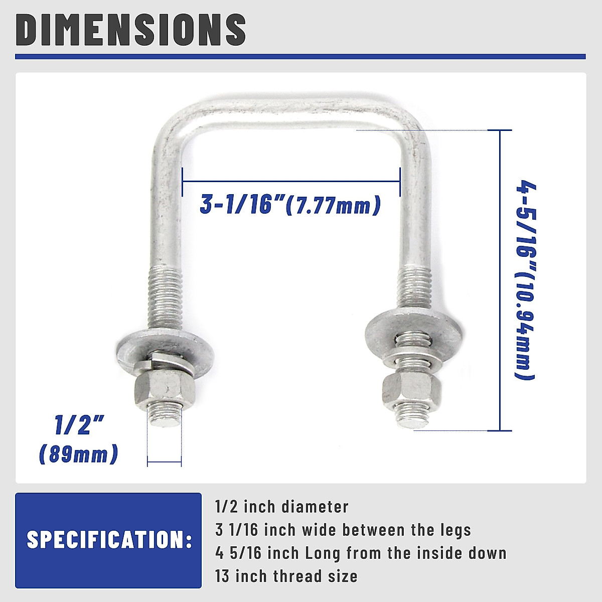 1/2" Diameter 13" Thread Square U-Bolt for Boat Trailer 8 Pieces 1/2" D x 3 1/16" W x 4 5/16" L