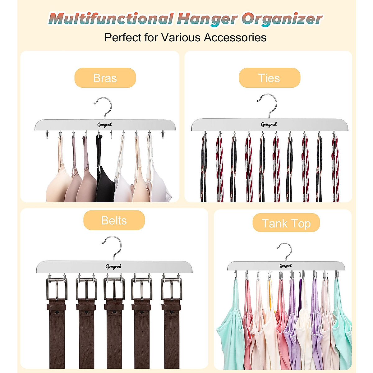 Bra Hanger for Closet, 2 Pack Tank Top Hanger w/20 Hooks Capacity Foldable Wood Space Saving Hangers, 360°Rotating Closet Organizers and Storage for Dorm & Apartment for Bra Scarf Ties(White)