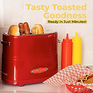 Nostalgia 2 Slot Hot Dog and Bun Toaster with Mini Tongs, Retro Hot Dog Toaster, Hot Dog Cooker that Works with Chicken, Turkey, Veggie Links, Sausages and Brats, Metallic Red