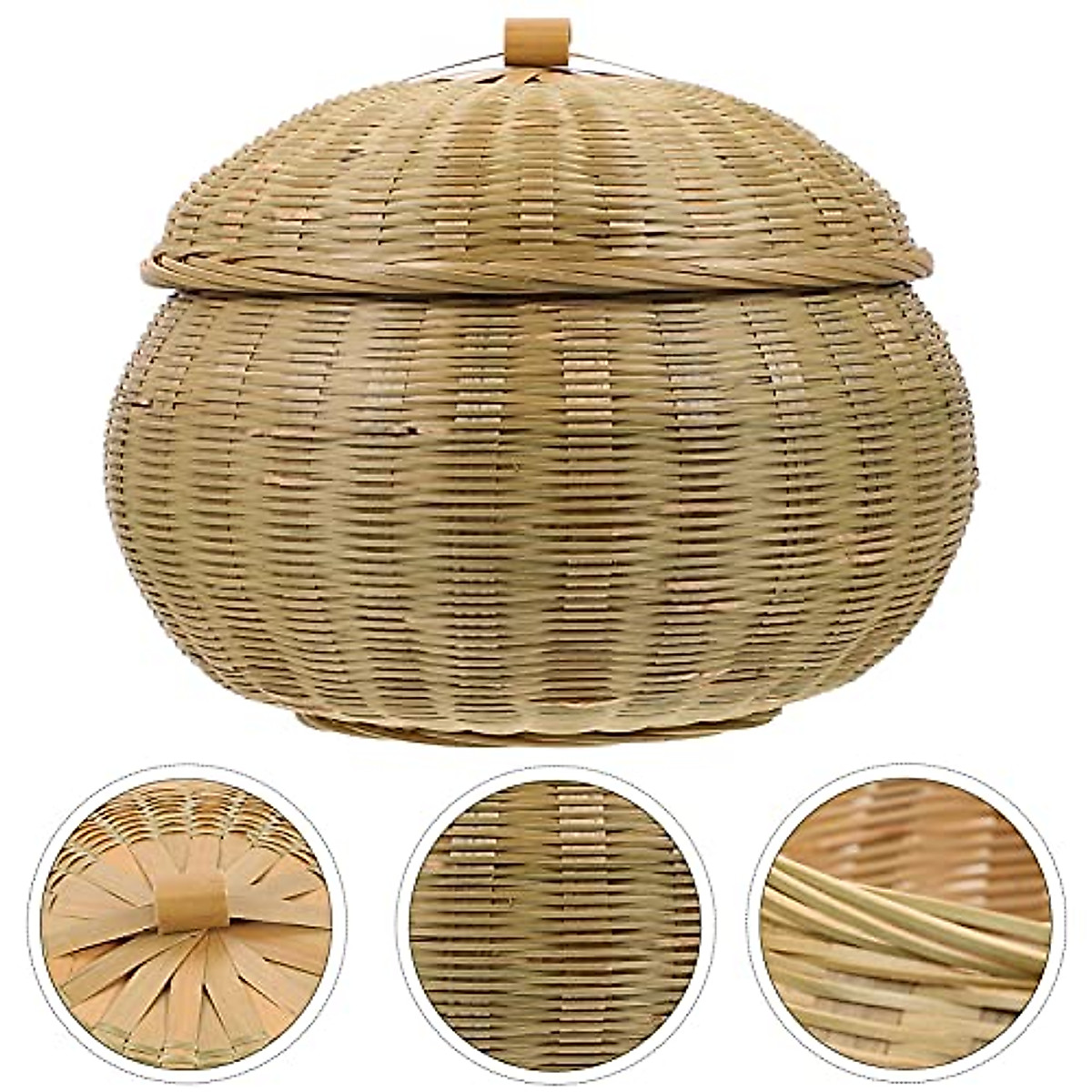 YARNOW Bamboo Woven Basket with Lid Rattan Braid Chess Cans Wicker Bowls Round Seagrass Baskets Boho Home Decor for Home Kitchen Snake Appetizer Food Storage 28X28CM