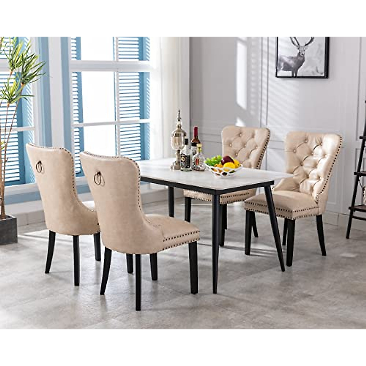 CIMOTA PU Leather Dining Chairs Set of 2, Upholstered Modern Tufted Dining Room Chairs Nailhead Trim Armless Side Chair with Solid Wood for Kitchen/Dining Room/Bedroom (Beige, Ring on The Back)