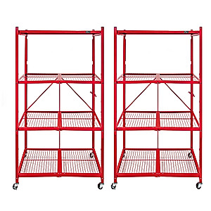 Origami R5 Foldable 4-Tier Garage Shelving Heavy Duty Shelving with Wheels, Metal Storage Rack Holds 1000 pounds, Garage Storage Rack & Organization, Storage Shelving (Red, R5 2-Pack)