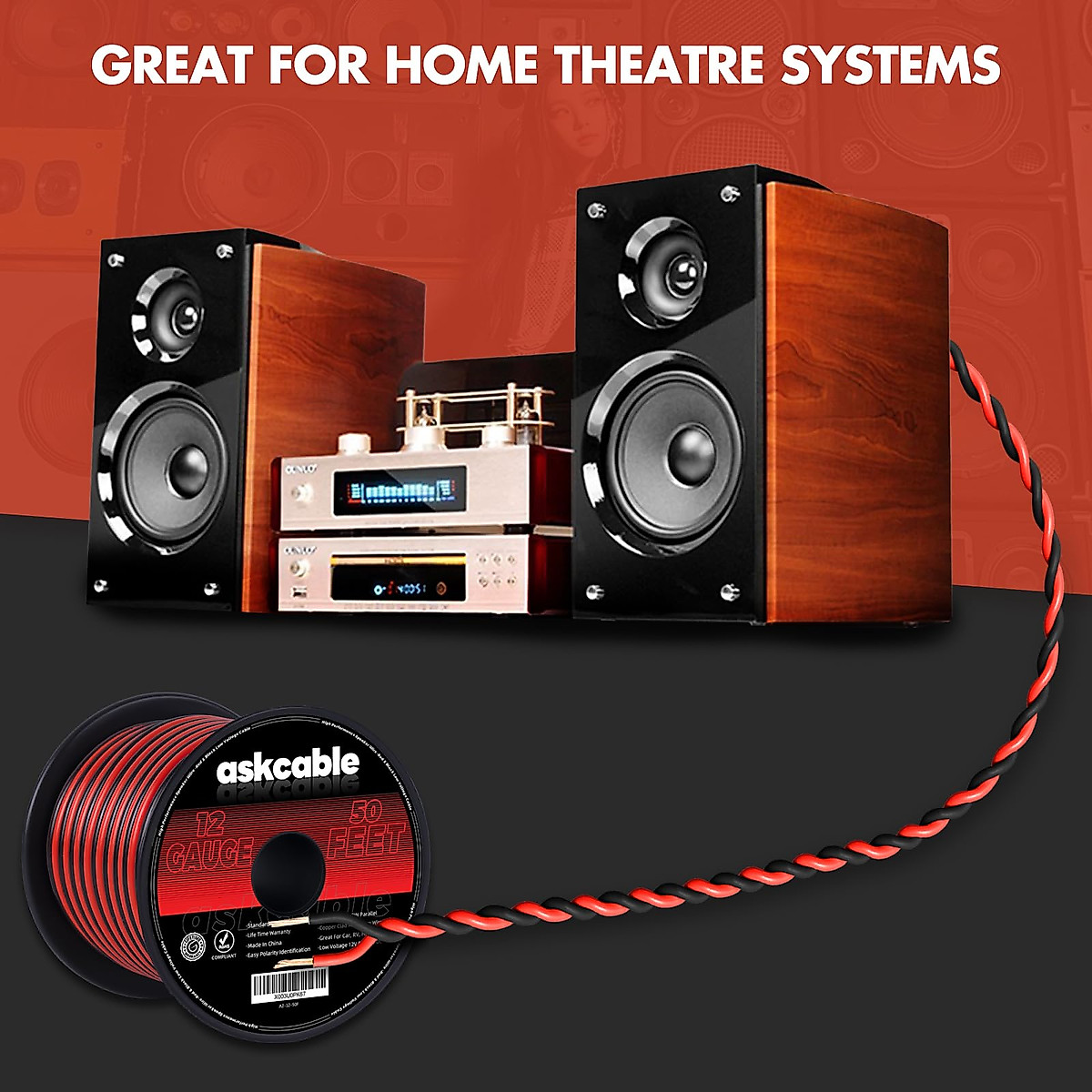 Askcable 12 Gauge 50 Feet Speaker Wire Cable 12AWG Speaker Wire 2 Conductors Wire Extension Cord Great Use for Car Speakers Stereos Home Theater Speakers Surround Sound Radio Black Red