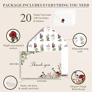 Thank You Cards, 4x6 Inch Vintage Flower Thank You Cards with Envelopes, Elegant Floral Design, Blank Thank You Cards Bulk for Birthday, Wedding, Anniversary, 20 Pack