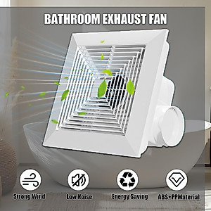 RLOZUI 8 inch Bathroom Exhaust Fan, 25W 90 CFM Bathroom Ventilation Fan Shower Ceiling Ventilation White Square Extractor Fan For Bathroom Kitchen Restroom Home Office
