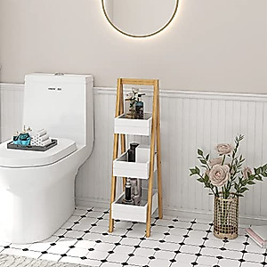 Bathroom Shelving Storage Rack with 3 Wooden Baskets White Mid-Century Modern Bamboo