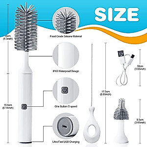 Electric Baby Bottle Brushes USB Rechargeable, Waterproof Bottle Cleaner Brush Wall-Mounted, with Silicone Bottle/Pacifier/Straw Brush, Two-Speed Cleaning Mode, 360° Rotating Cleaning, 1200mAh (Grey)