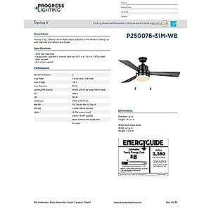 Progress Lighting P250076-31M-WB Trevina V 3-Blade Modern Indoor Ceiling Fan Matte Black with Light Kit and White Opal Shade
